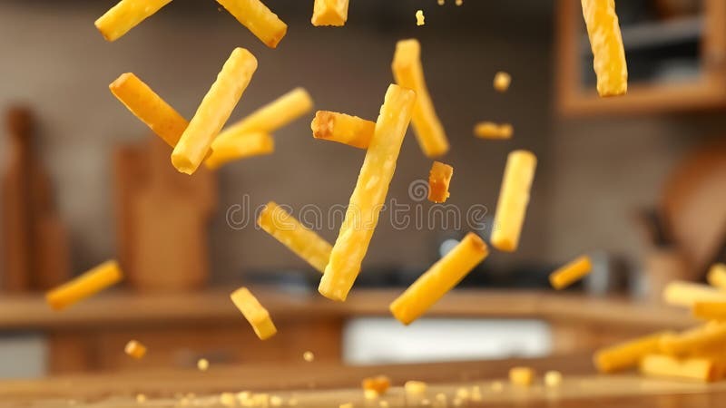 Frozen Motion of French Fries Falling in Kitchen Scene Stock ...
