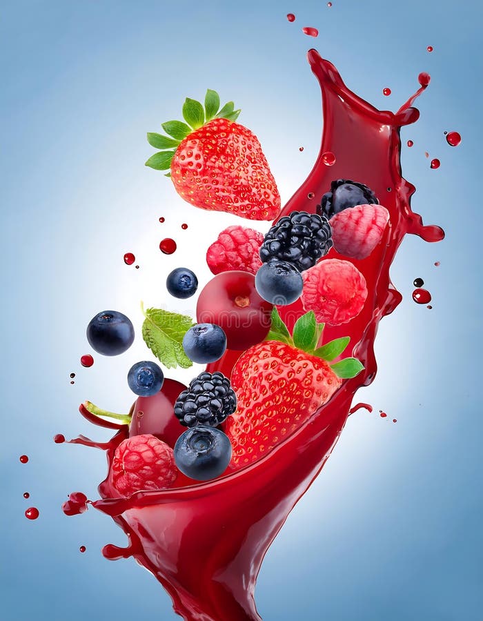 Frozen Motion of a Red Liquid Splash with Assorted Berries Stock ...