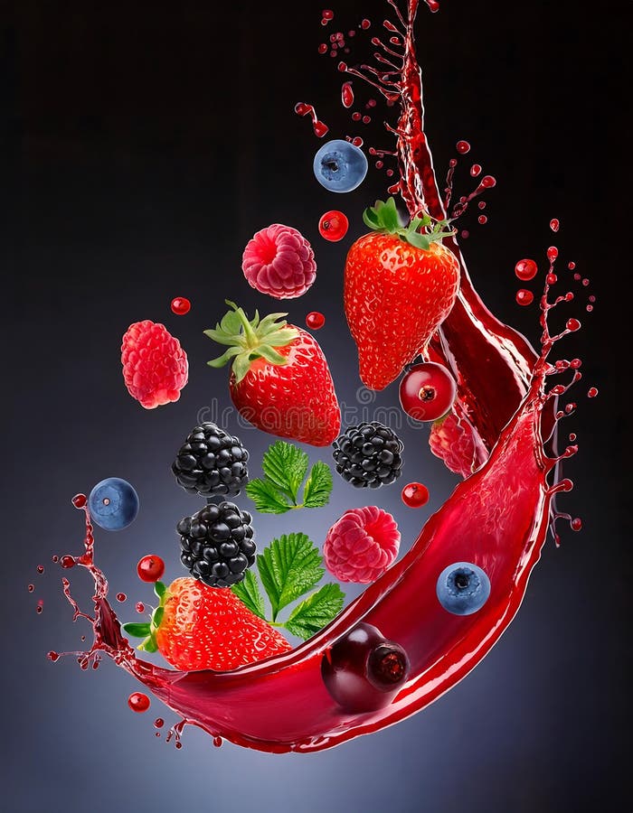 Frozen Motion of a Red Liquid Splash with Assorted Berries Stock ...
