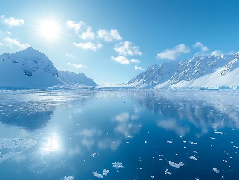 Frozen Mountains Reflect Off the Water and Blue Skies Stock Image ...