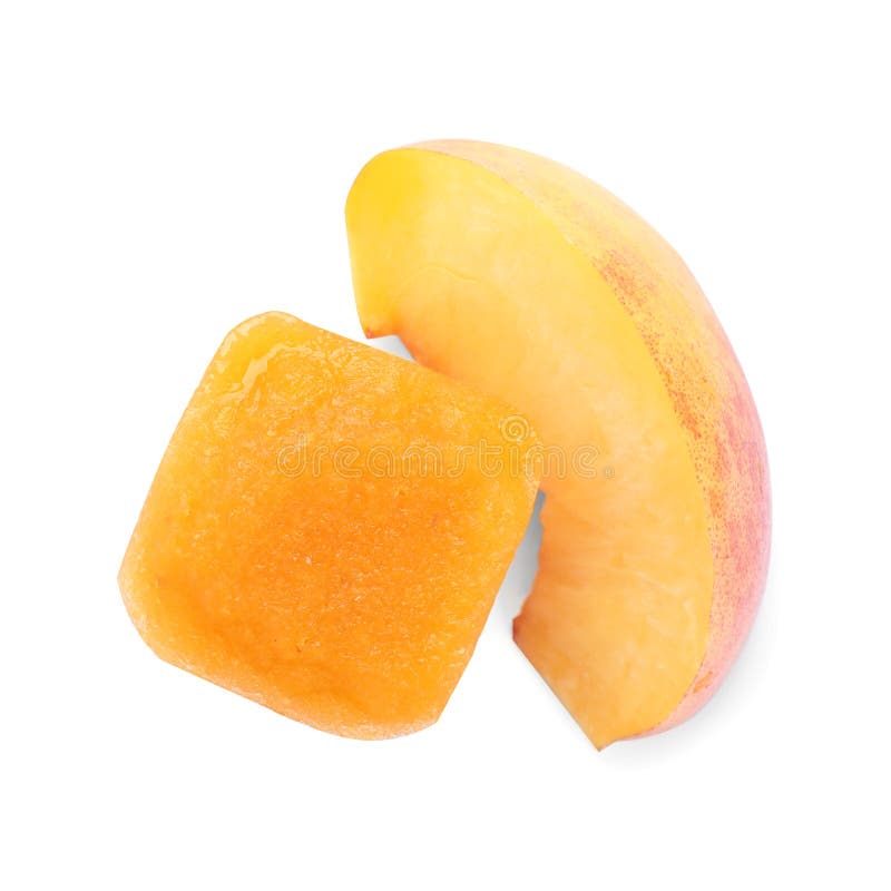 Frozen Nectarine Puree Cube and Fruit on White Background, Top View ...