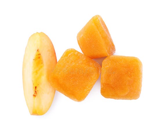 Frozen Nectarine Puree Cubes and Fruit on White Background, Top View ...