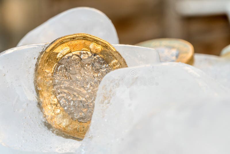 Frozen New British One Pound Sterling Coin Up Close Macro Inside Ice ...