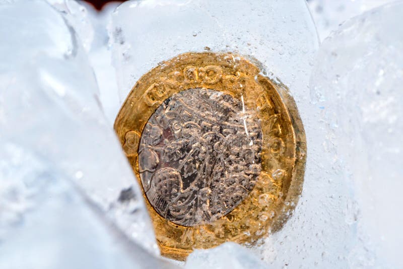 Frozen New British One Pound Sterling Coin Up Close Macro Inside Ice ...