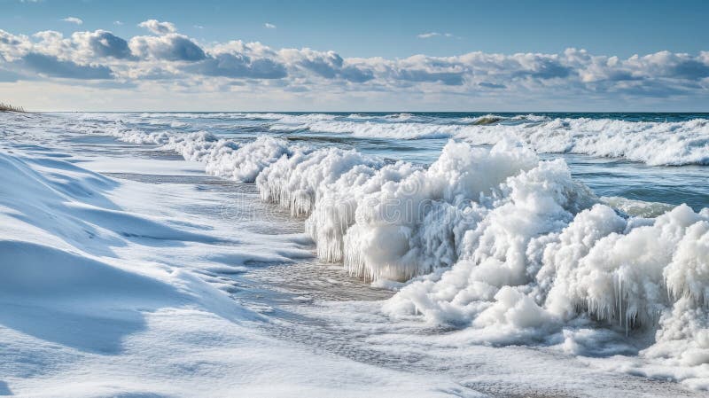 Frozen Ocean Waves with Icicles on a Snowy Beach Stock Illustration ...