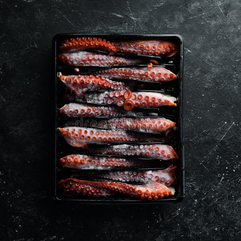 Frozen Octopus Tentacles in a Plastic Box. Stock Photo - Image of black ...