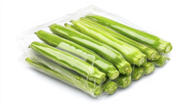 Frozen Okra in Transparent Packaging Isolated on White Background Stock ...