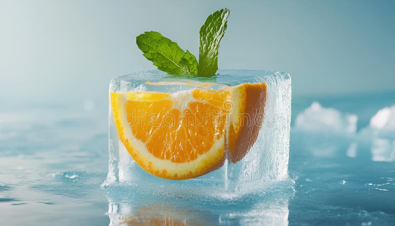 Frozen Orange Slice in Ice Cube on Frozen Blue Background Stock Image ...