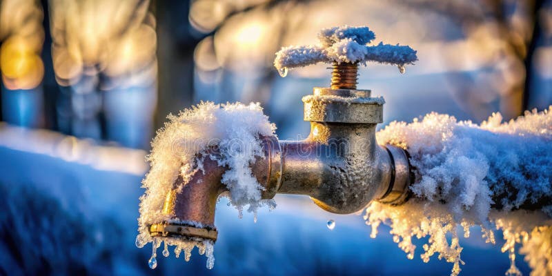 Frozen Outdoor Faucet with Icy Formations and a Single Drop of Water ...