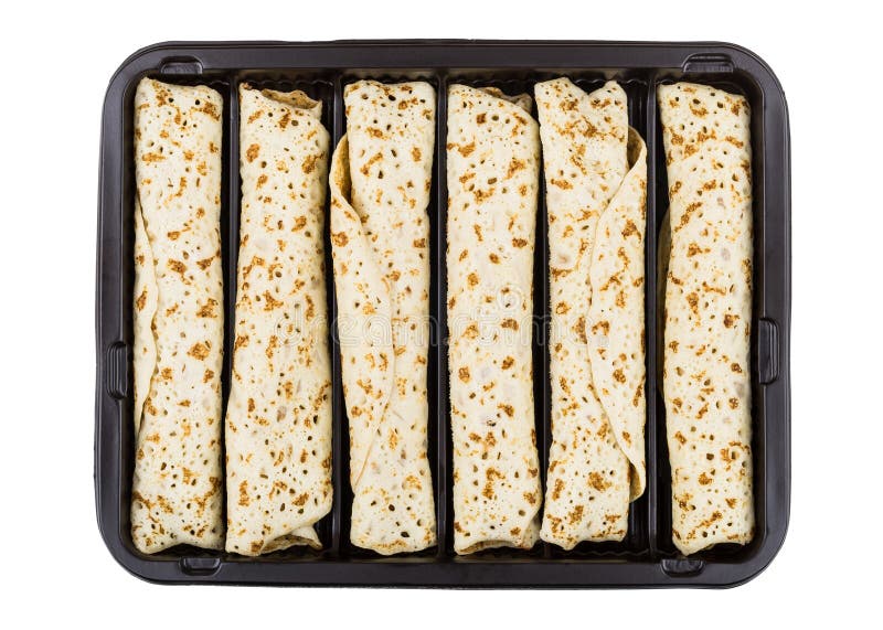 Frozen Pancake Stuffed in Black Plastic Tray Isolated on White Stock ...