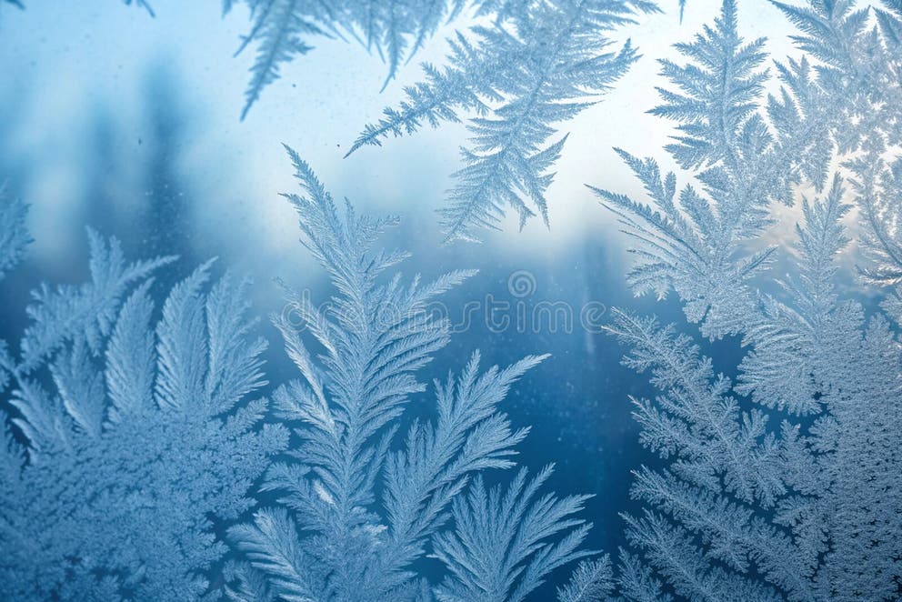 Frozen Pattern on Winter Window with Blue Ice Texture Stock ...