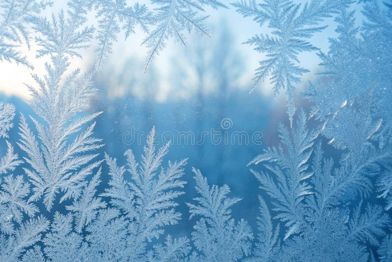 Frozen Pattern on Winter Window with Blue Ice Texture Stock ...