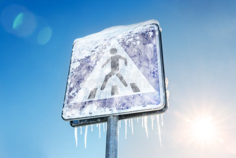Frozen Pedestrian Sign Covered with Frost in Severe Frost Stock Photo ...