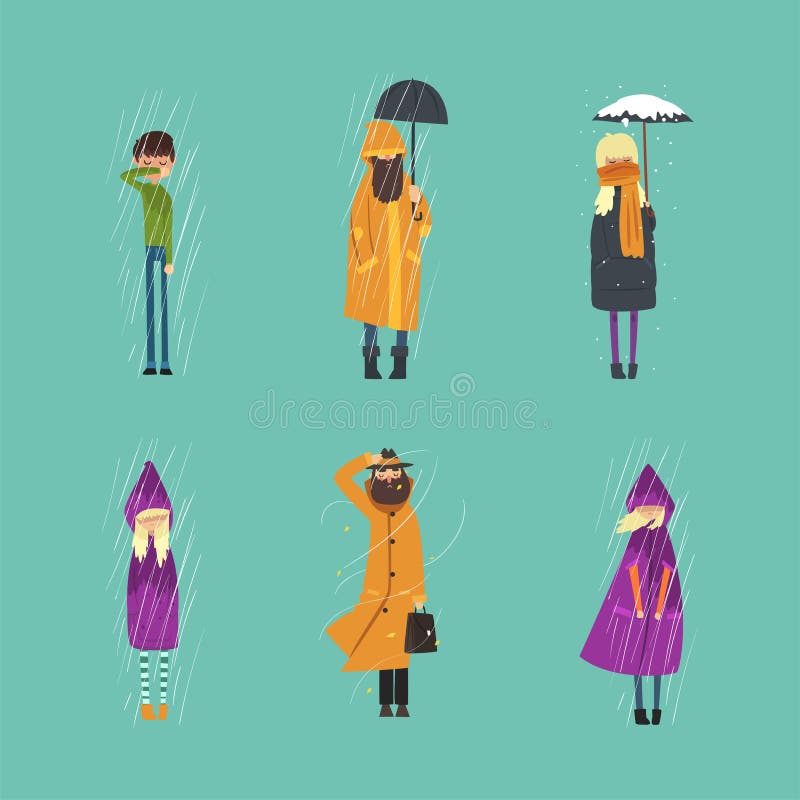 Frozen People in Casual Outerwear in Cold Season Set, Sad Male and ...