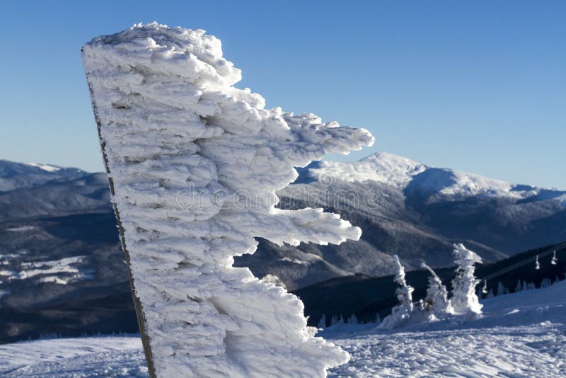 Frozen Pillars with Blown Snow and Icicles, Snow Flags in the Mountains ...