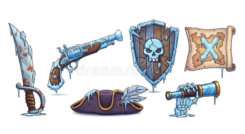 Frozen Pirate Set with Sword, Gun, Shield, Map, Hat and Spyglass Stock ...