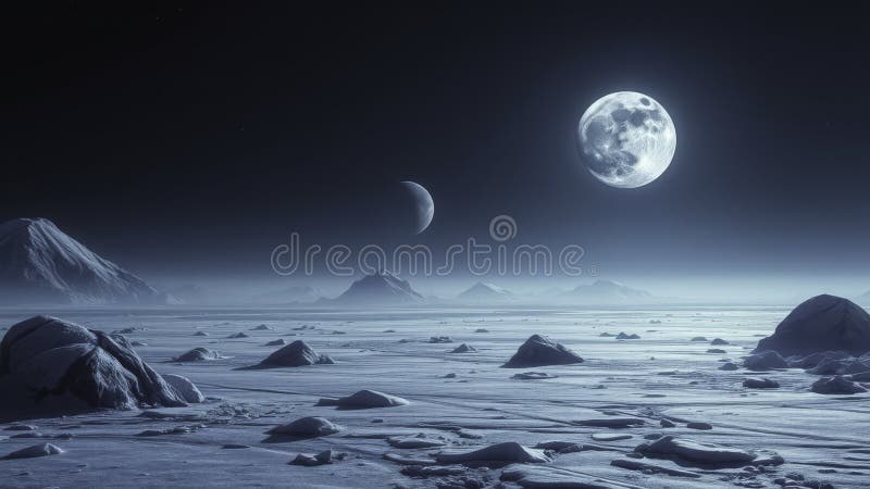Frozen Planet Landscape with Cratered Moon and Distant Planets Stock ...