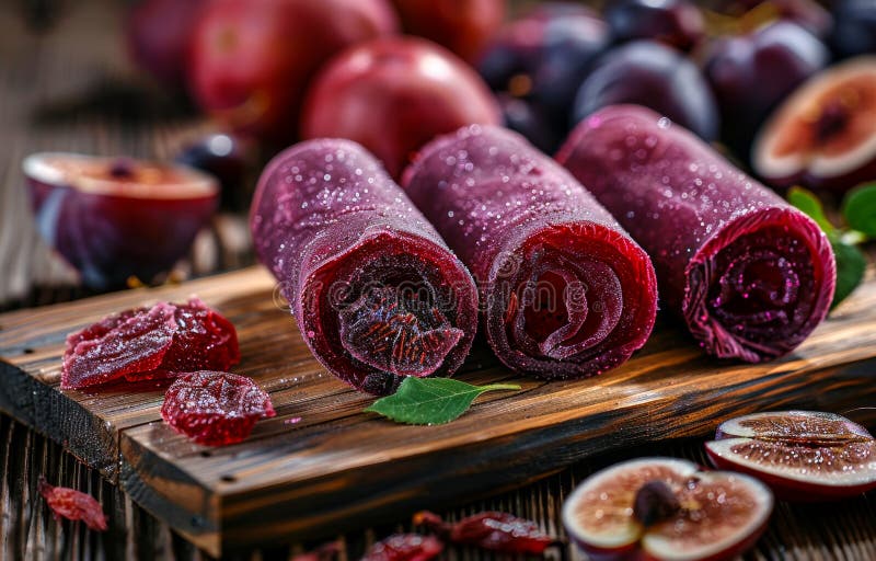 Frozen Plums and Figs on Wooden Table. Handmade Fruit Pastilles Stock ...