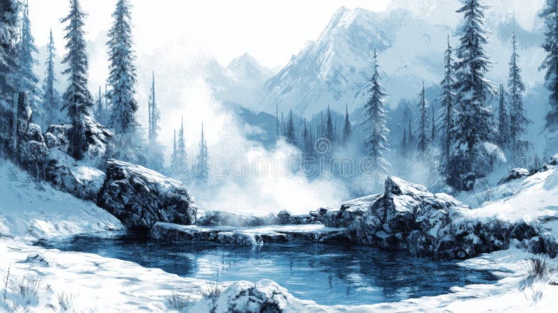 A Frozen Pond in a Snowy Mountain Forest Stock Illustration ...