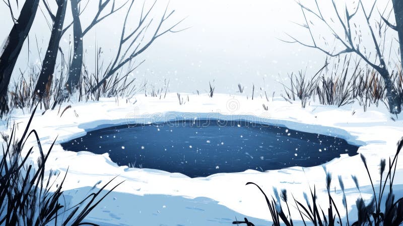 A Frozen Pond in a Snowy Winter Landscape Stock Illustration ...