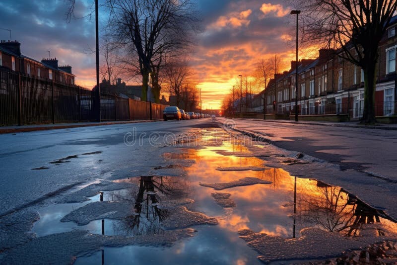 Frozen Puddle on Pavement Reflecting Winter Sky Stock Illustration ...