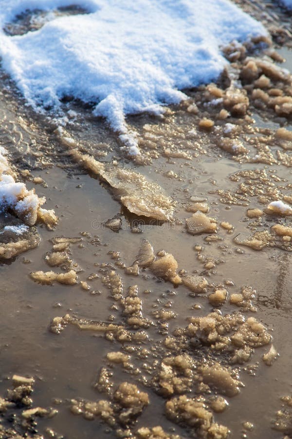 Frozen Puddle on the Road in Winter Stock Photo - Image of puddles ...