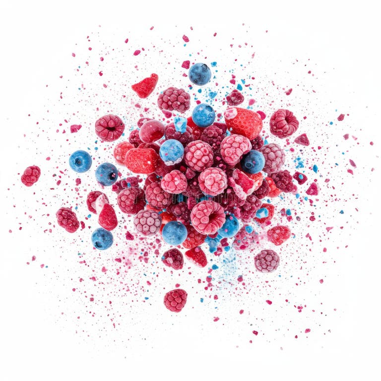 Frozen Raspberries and Blueberries Burst on White Background Stock ...