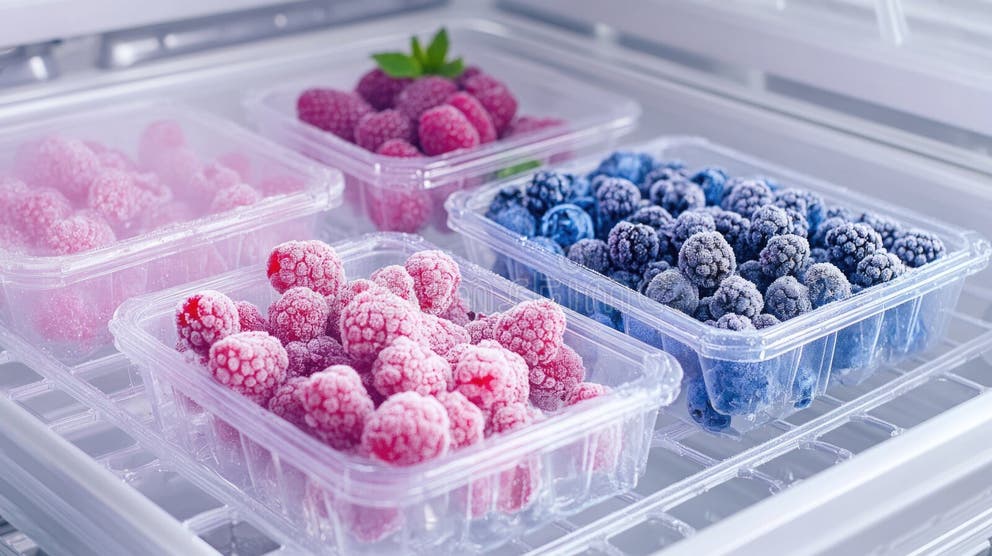 Frozen Raspberries and Blueberries in Plastic Containers on ...