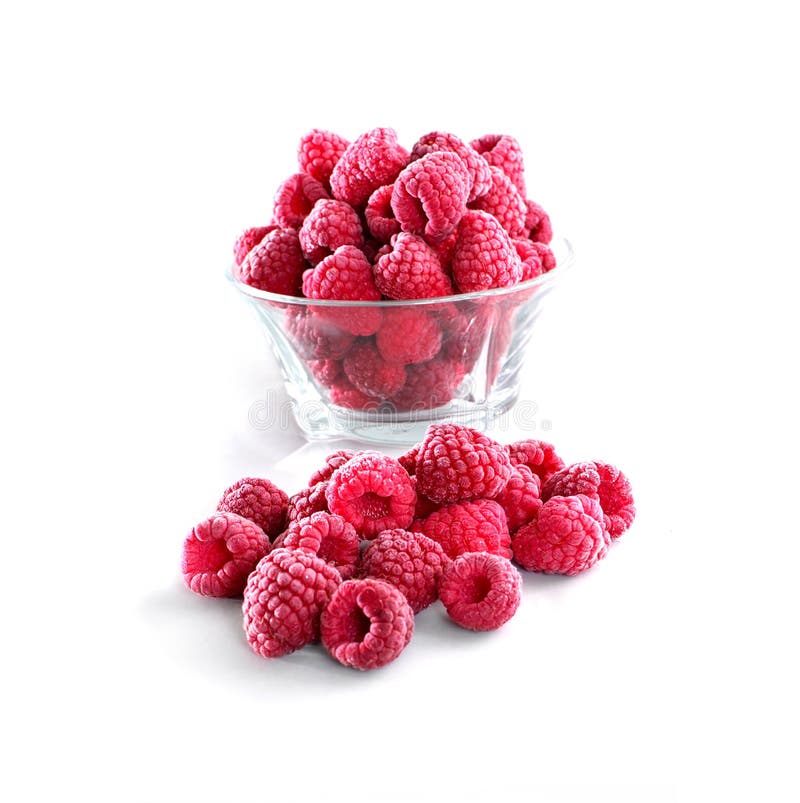 Frozen Raspberries in a Glass Bowl - Top View - Isolated on White Stock ...
