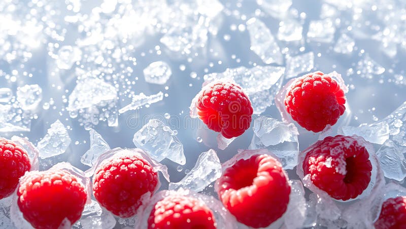 Frozen Raspberries on a Glass Surface with Ice Crystals Sparkling Under ...