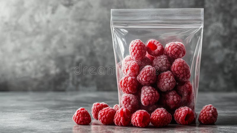 Frozen Raspberries in a Plastic Bag on a Gray Surface Stock ...