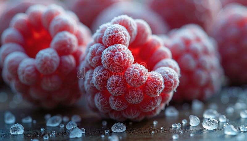 Frozen Raspberries Showcasing Intricate Ice Formations, Natural Beauty ...
