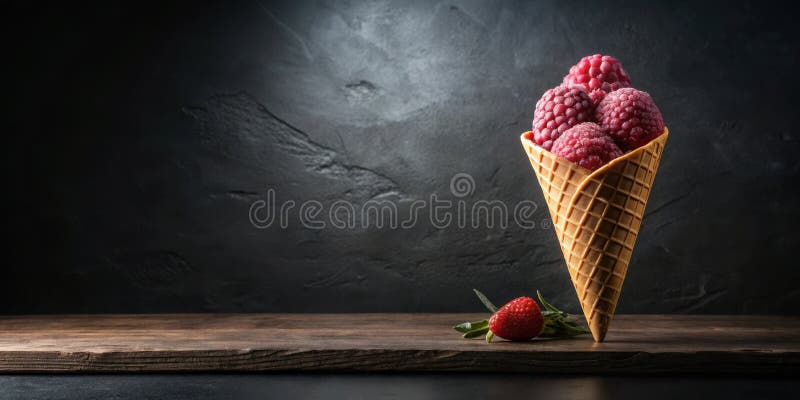 Frozen Raspberries in a Waffle Cone on a Rustic Wooden Surface ...