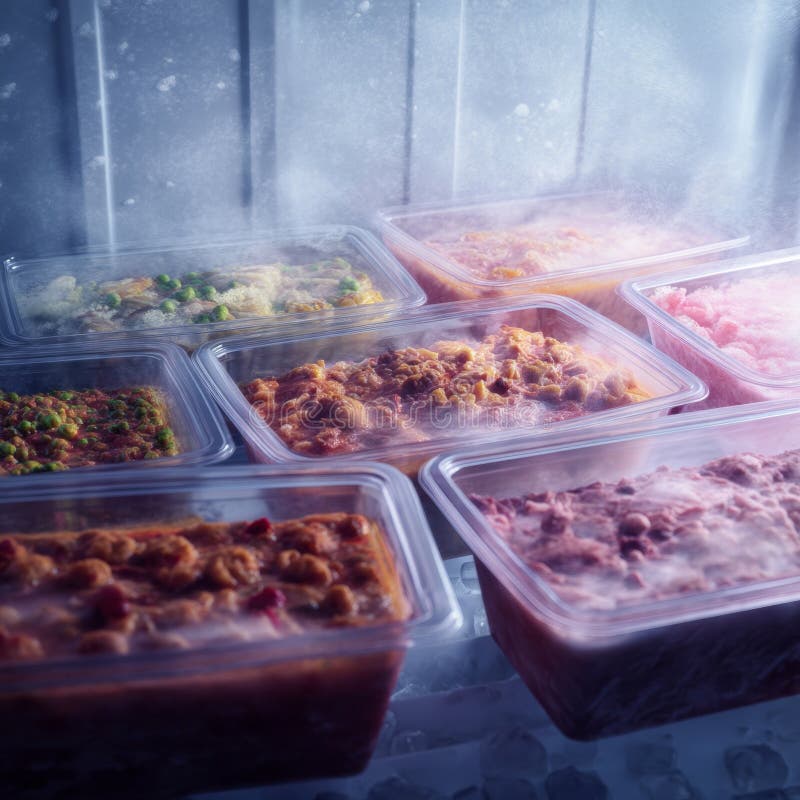 Frozen Ready Meals in Containers in a Frosty Freezer Stock Illustration ...