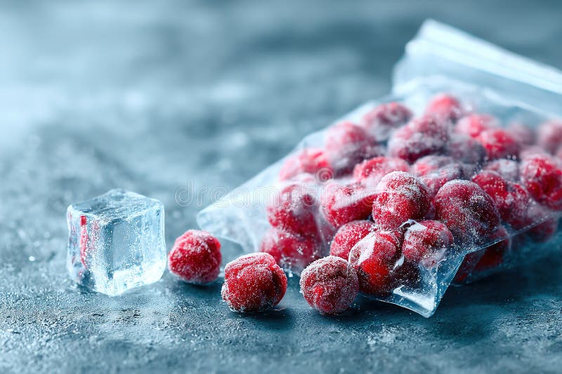 Frozen Red Berries and Ice Cube Displayed on a Textured Surface Ideal ...