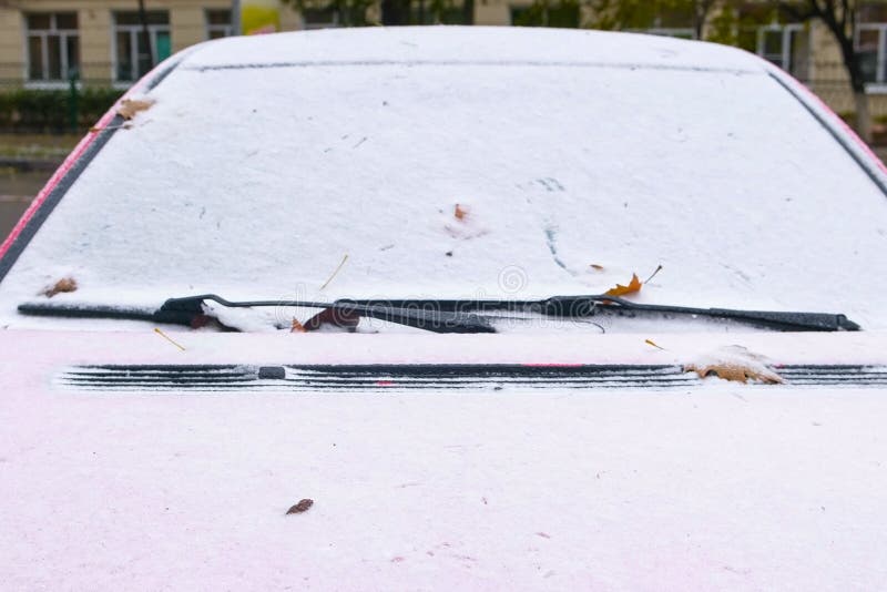Frozen Red Car Covered Snow at Winter Day, View Front Window Windshield ...