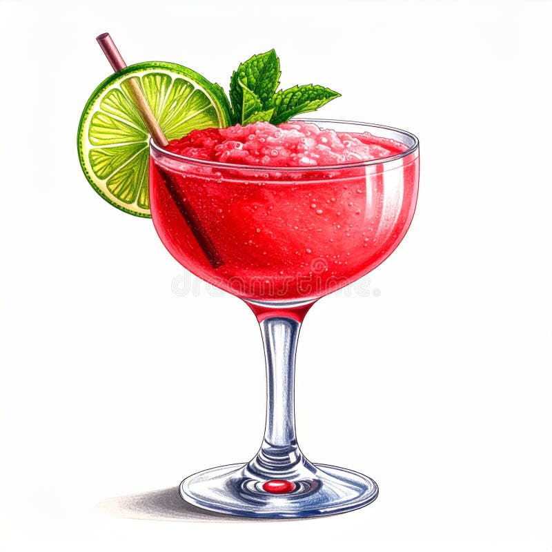 Frozen Red Cocktail with Lime and Mint Garnish Stock Illustration ...