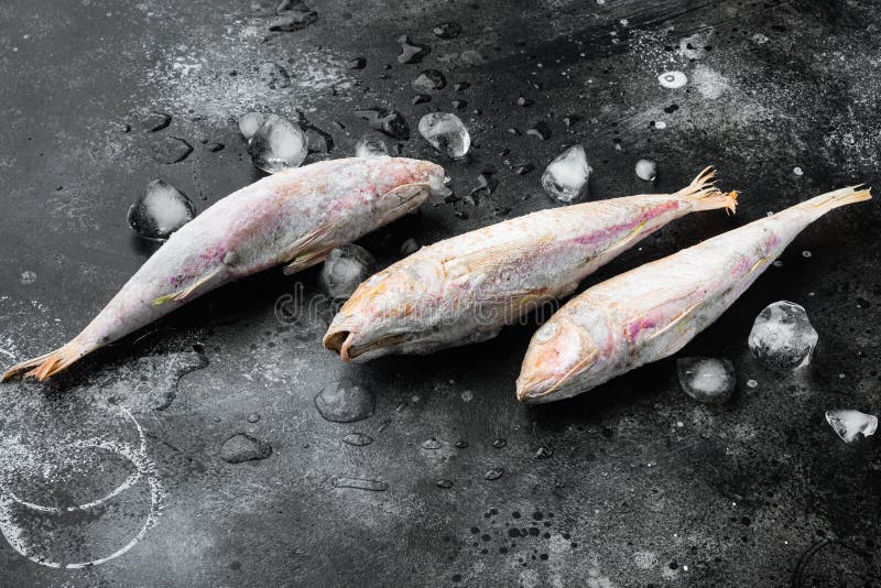 Frozen Red Mullet or Barabulka Raw Fish, on Black Dark Stone Table ...