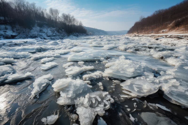 Frozen River with Broken Ice, Showing the Current and Flow of Water ...