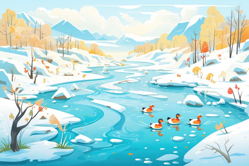A Frozen River with a Clear Path for Ducks To Swim Amidst Ice Stock ...