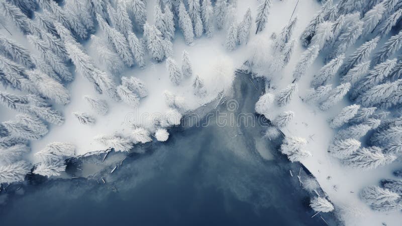 Frozen River in Cold Snowy Forest Area in Winter Time. Neural Network ...