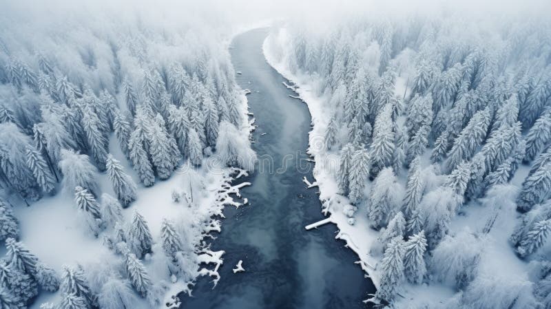 Frozen River in Cold Snowy Forest Area in Winter Time. Neural Network ...