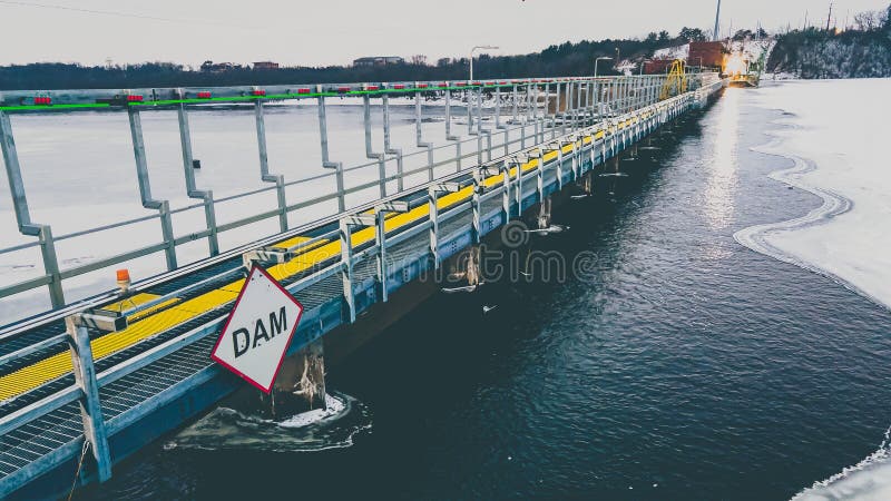 At Dusk the Old Snow Covered Dam Editorial Stock Image - Image of river ...
