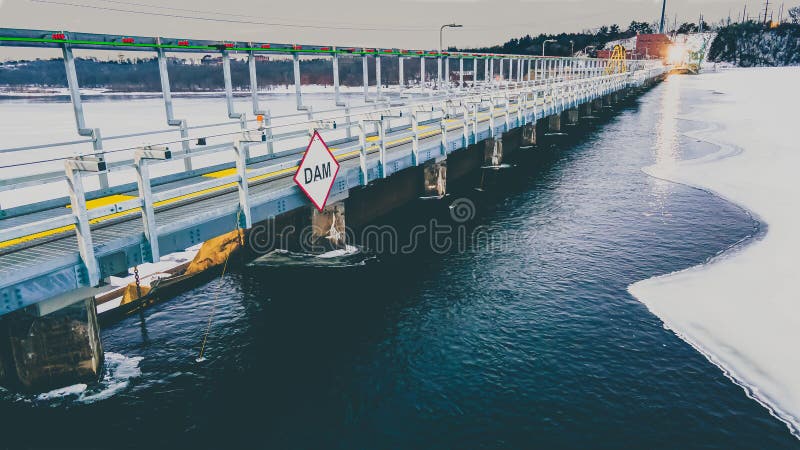 At Dusk the Old Snow Covered Dam Stock Photo - Image of walkway, lake ...