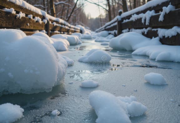 Frozen River with Ice Chunks and Snow Accumulation Creating a Serene ...