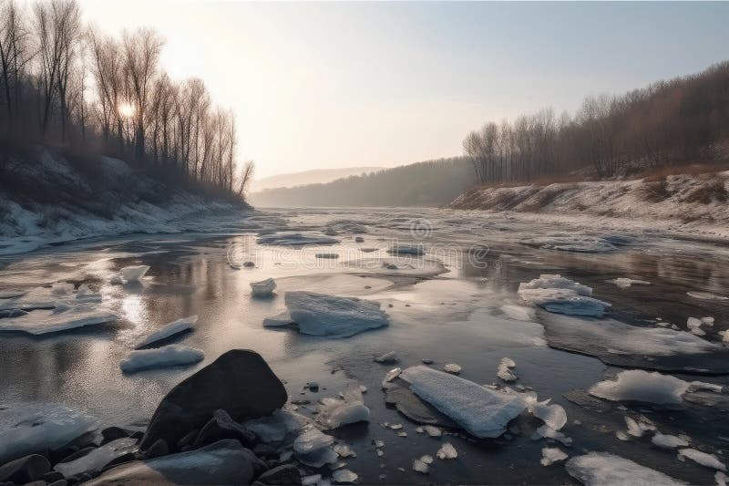 Frozen River, with Ice Cracked and Broken in Places, Surrounded by ...