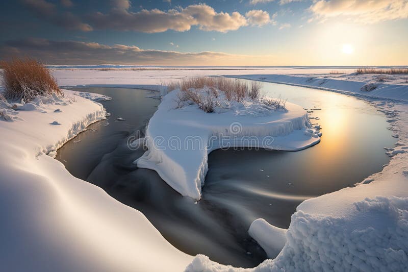 Frozen River in Ice with Snow-covered Banks Stock Photo - Image of ...