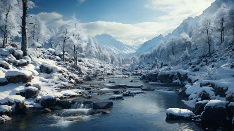 A Frozen River with Ice and Snow. Generative AI. Stock Illustration ...