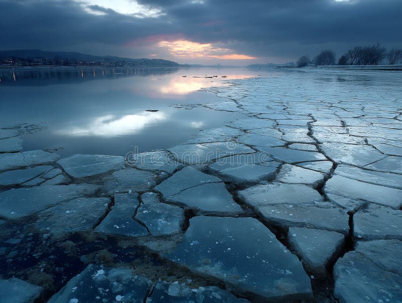 Frozen River Landscape at Sunset Stock Illustration - Illustration of ...