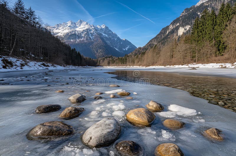 Frozen River and Rocks in the Alps Stock Illustration - Illustration of ...